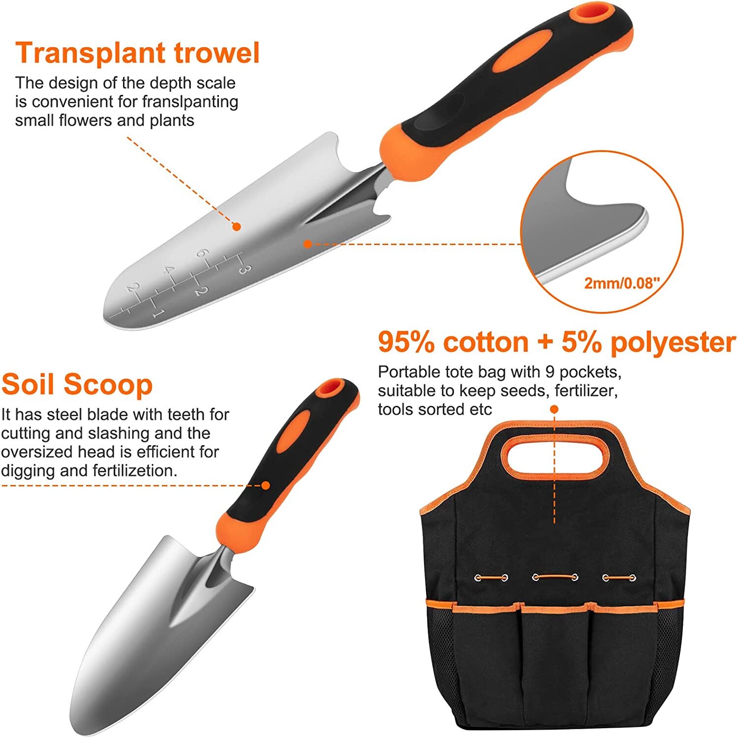 Set de scule de gradina, 7 buc, Otel inoxidabil, Cu maner din cauciuc ...