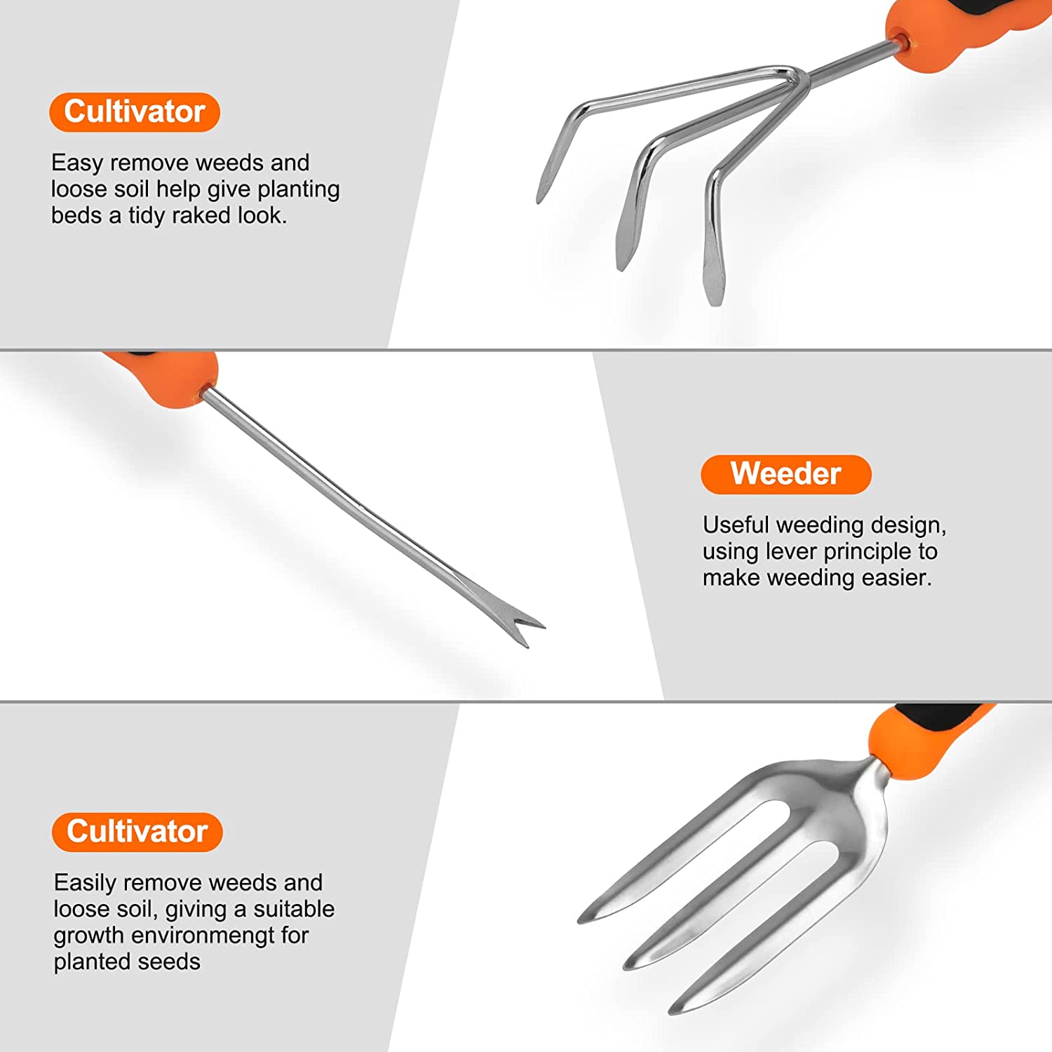 Set de scule de gradina, 7 buc, Otel inoxidabil, Cu maner din cauciuc ...