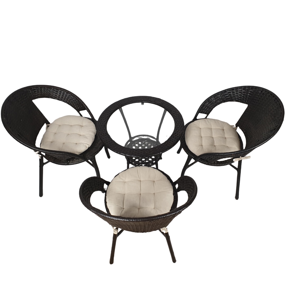 Set mobilier de gradina, 3 scaune, 3 perne crem si masa din ratan ...