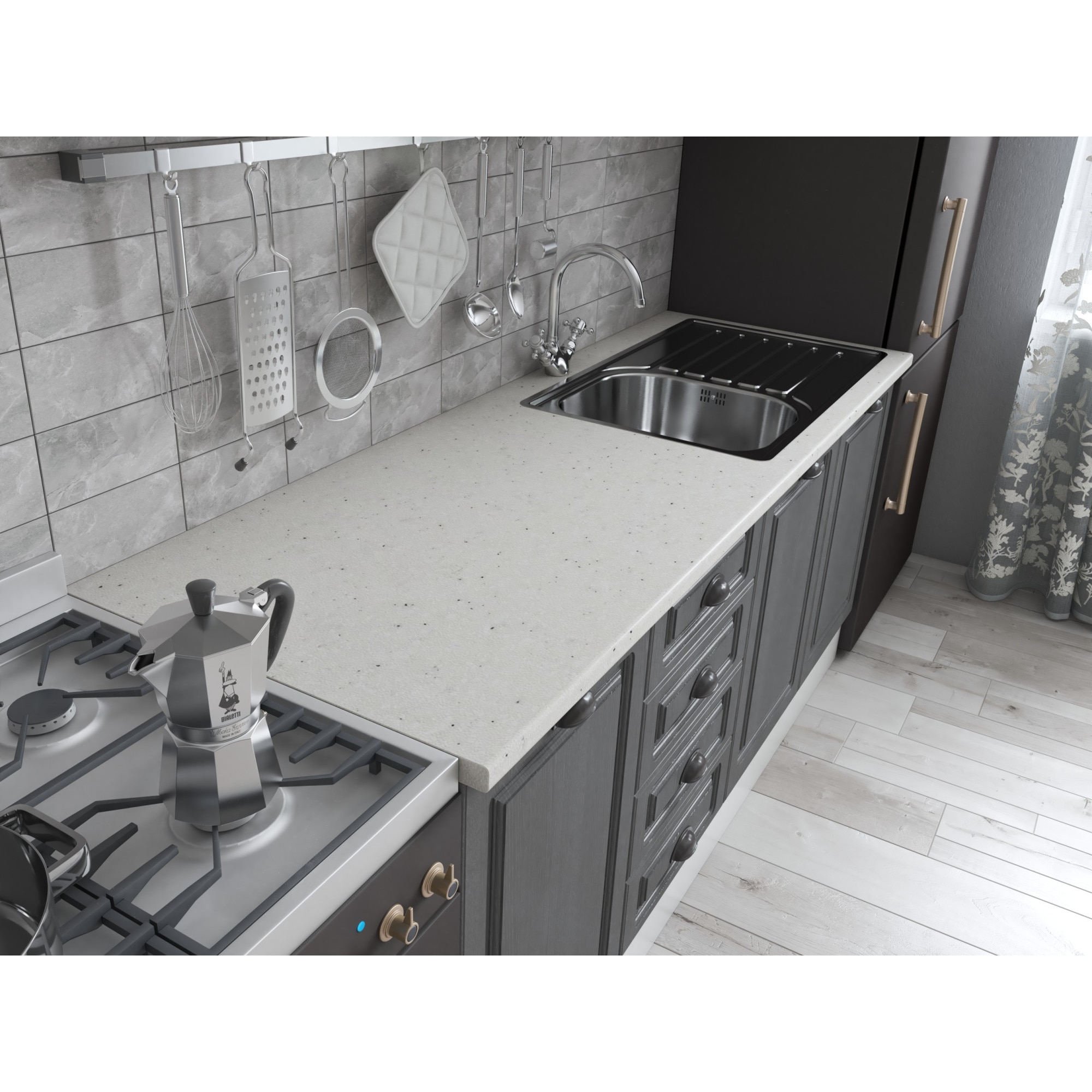 Bucatarie Maya 240 cm, gri uni structo, blat Kastamonu Mersin 28 mm ...