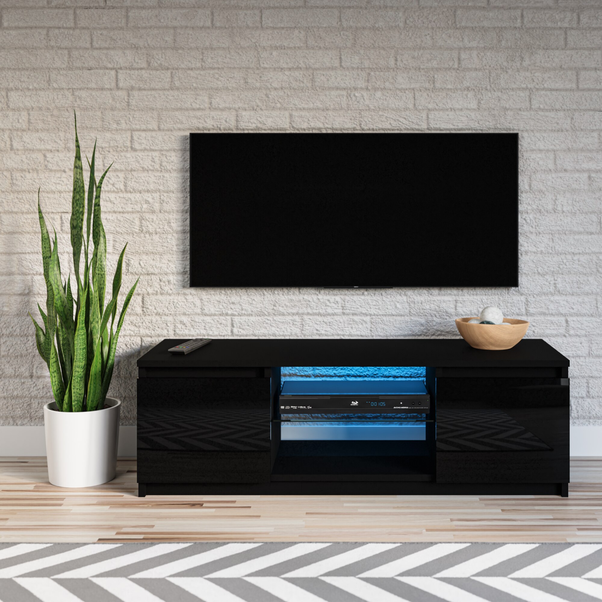 Cabinet RTV Demi LED negru / negru lucios, 140x39x40cm - eMAG.ro