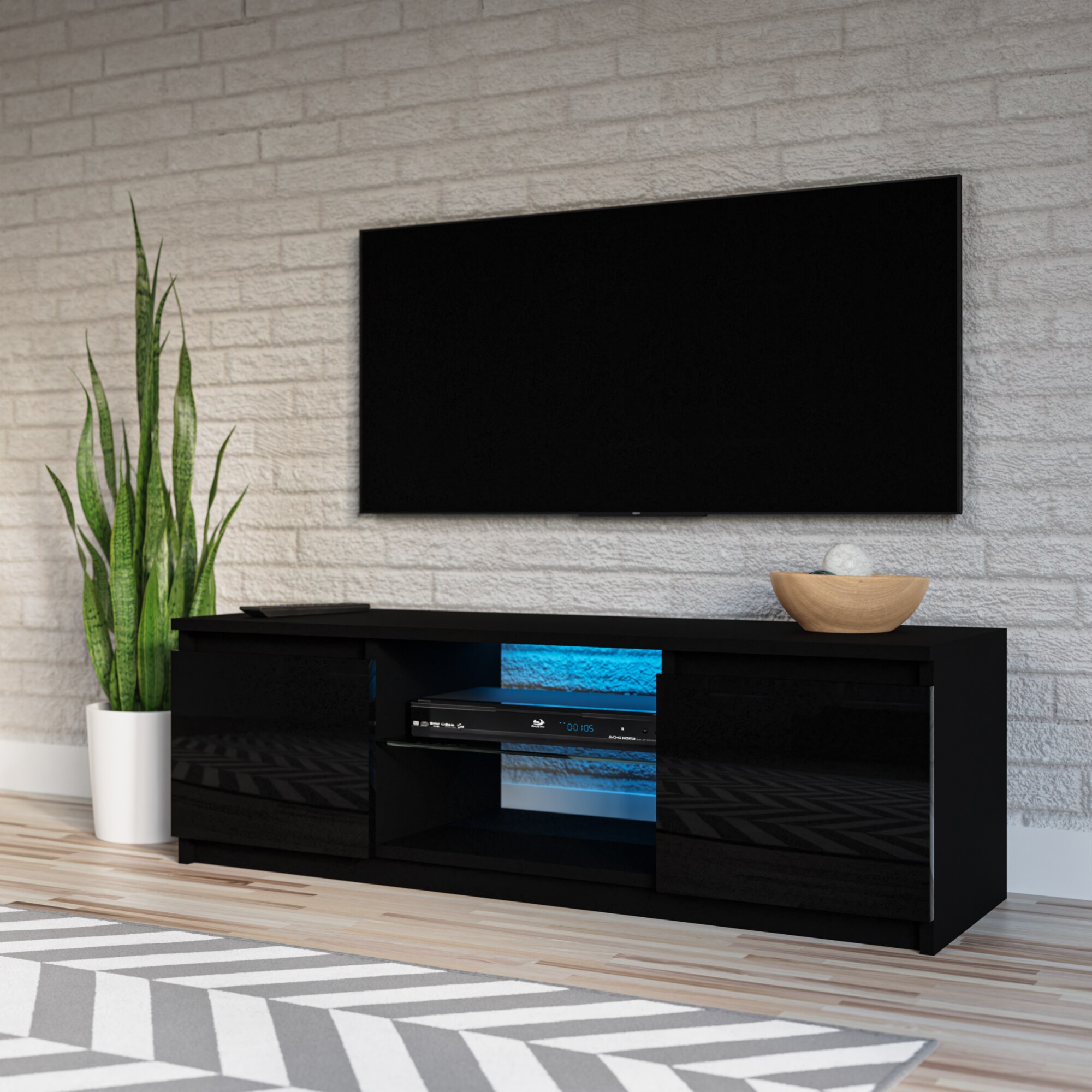 Cabinet RTV Demi LED negru / negru lucios, 140x39x40cm - eMAG.ro