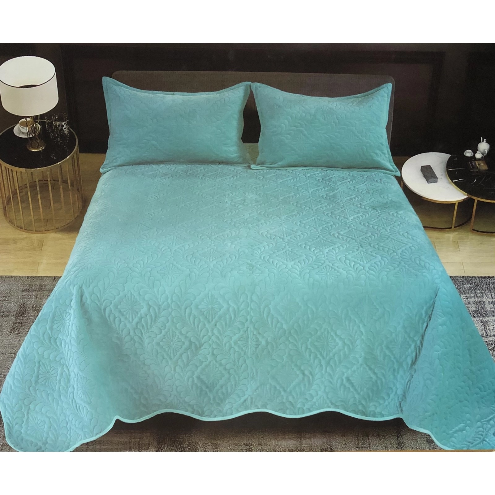 Set Cuvertura de Pat din Catifea, Azur, 3 Piese, Pat 2 Persoane, 220×240 cm - eMAG.ro