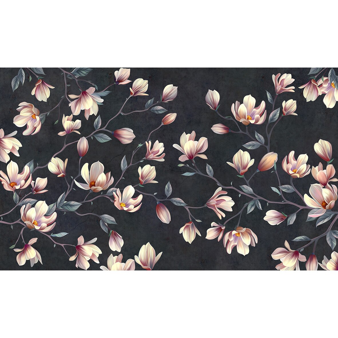 Fototapet Floral, Flori de Magnolie Roz pe crengute, Fundal intunecos ...