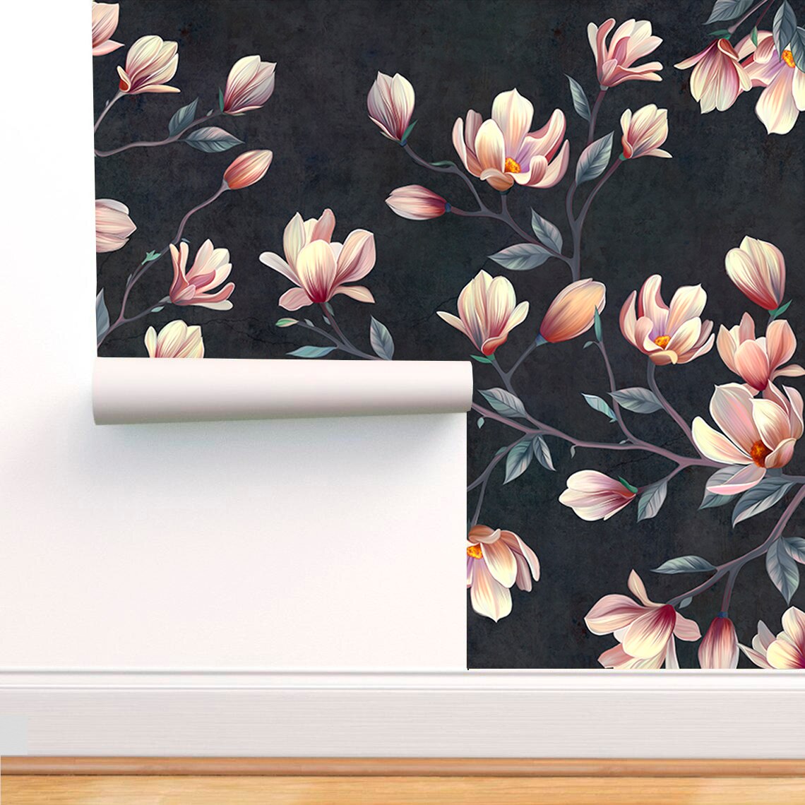 Fototapet Floral, Flori de Magnolie Roz pe crengute, Fundal intunecos ...