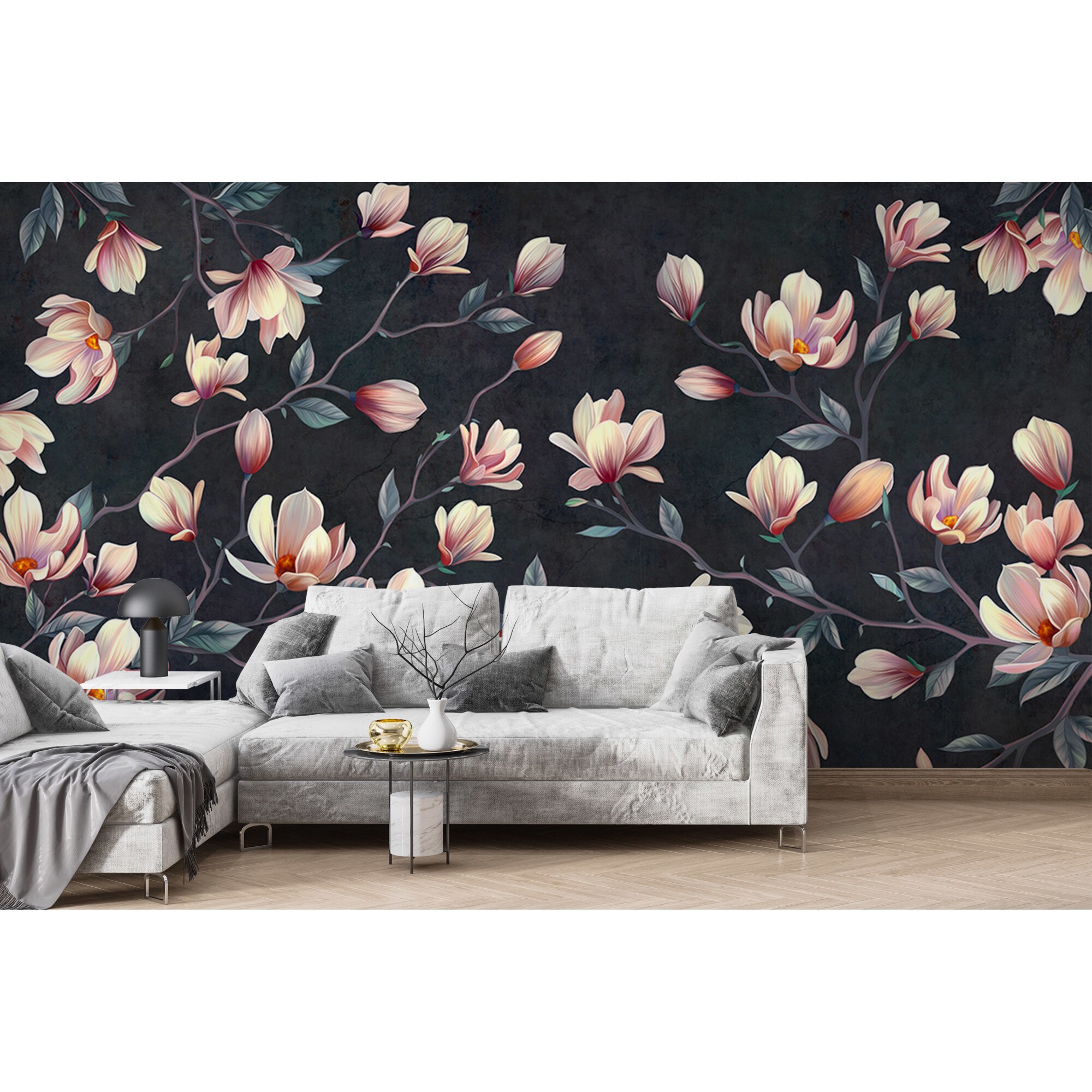 Fototapet Floral, Flori de Magnolie Roz pe crengute, Fundal intunecos ...