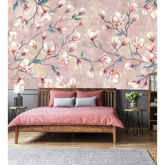 Fototapet Floral, Flori de Magnolie Roz pe crengute, Fundal roz pal ...