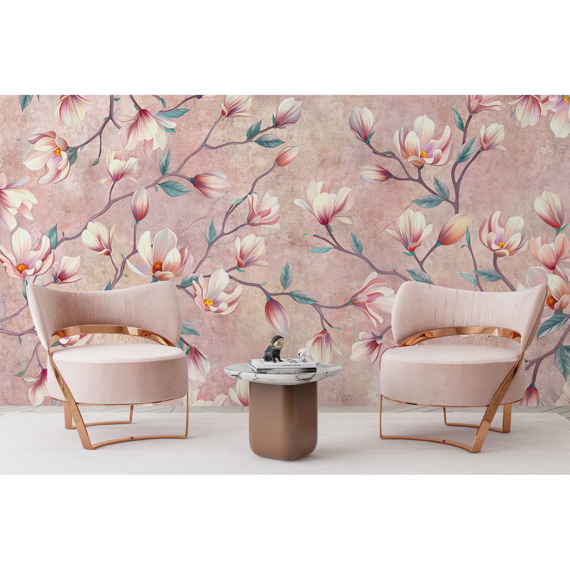 Fototapet Floral, Flori de Magnolie Roz pe crengute, Fundal roz pal ...