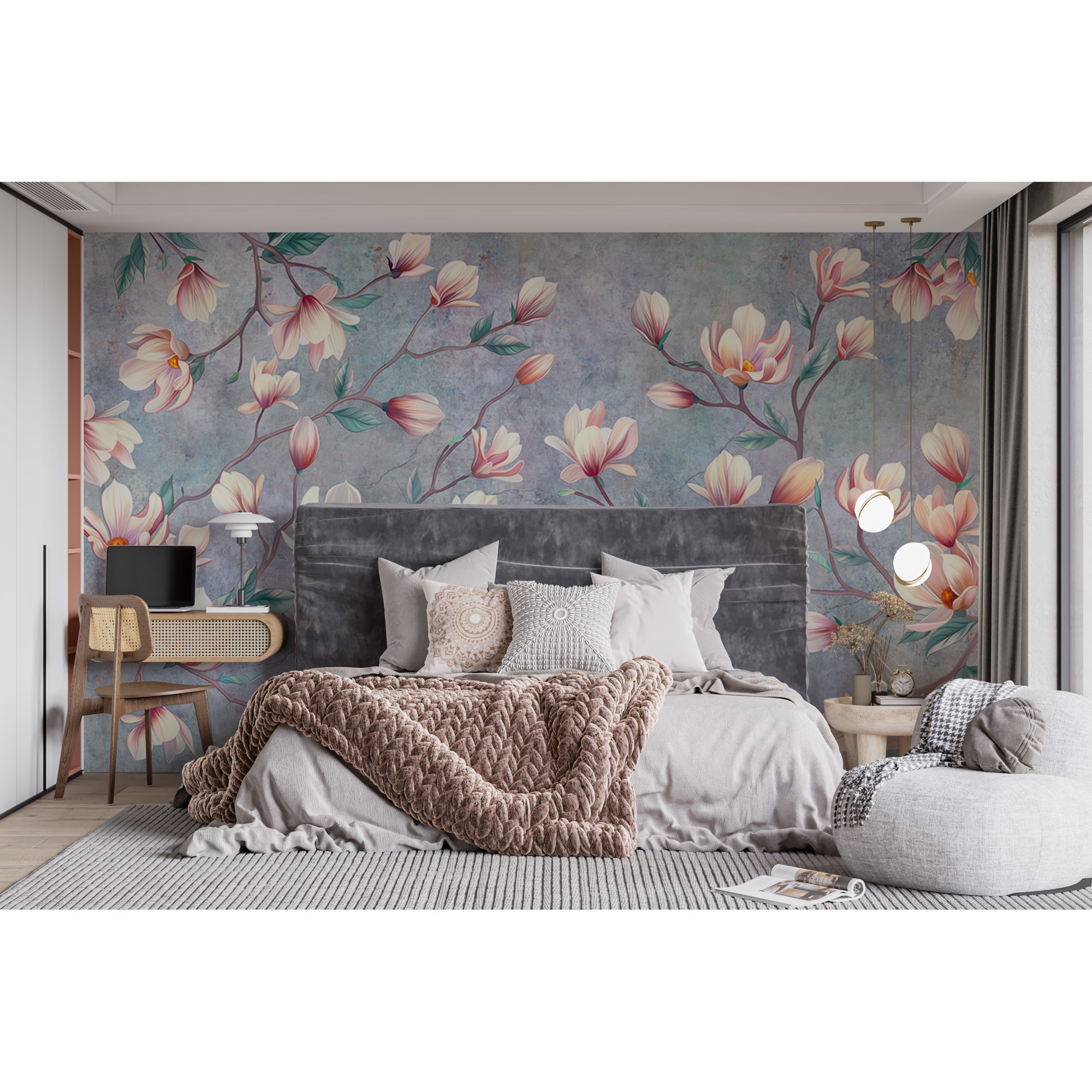 Fototapet Floral, Flori de Magnolie Roz pe crengute, Fundal albastrui ...