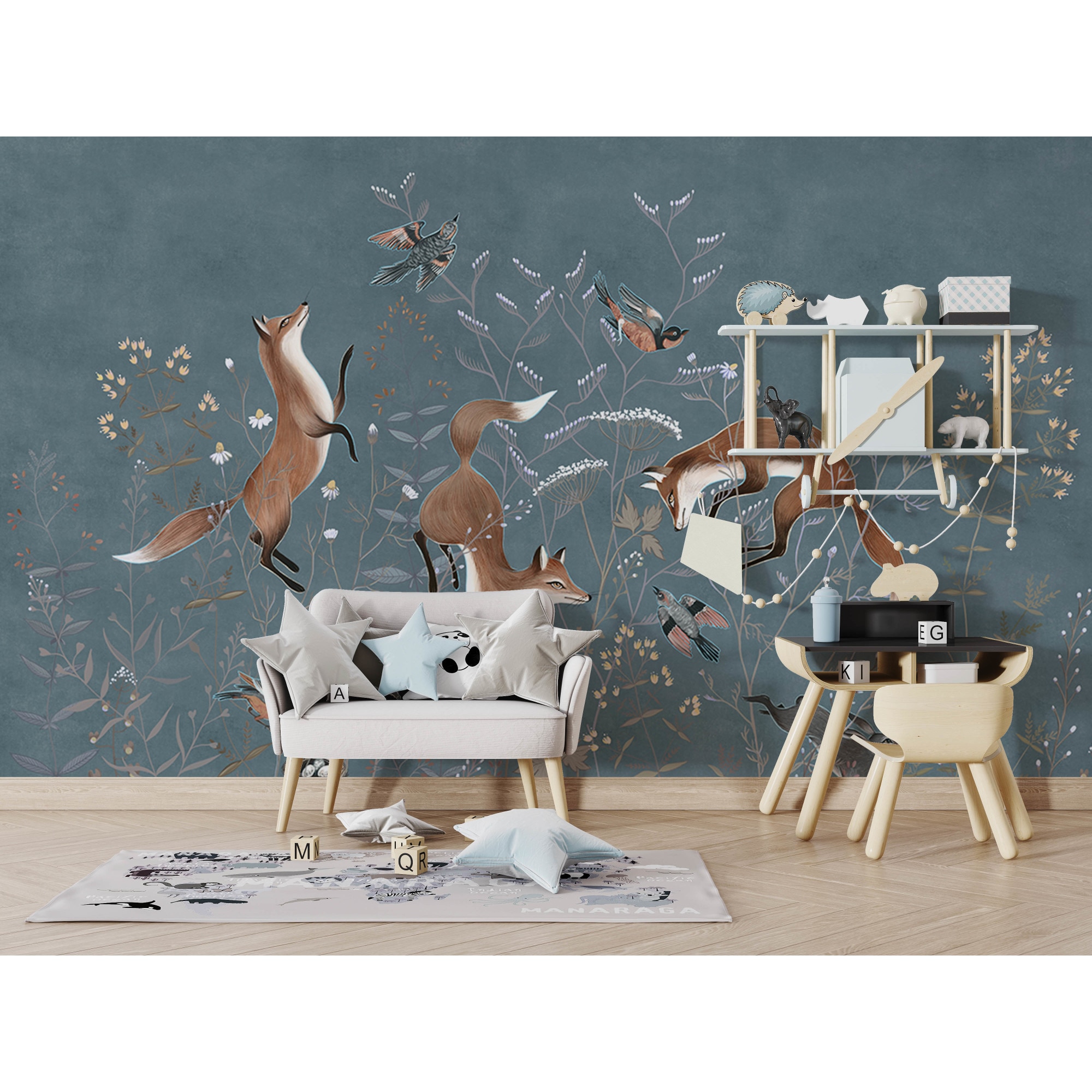 Fototapet cu Animale, Vulpi in frunzis cu pasari pe fundal albastrui ...