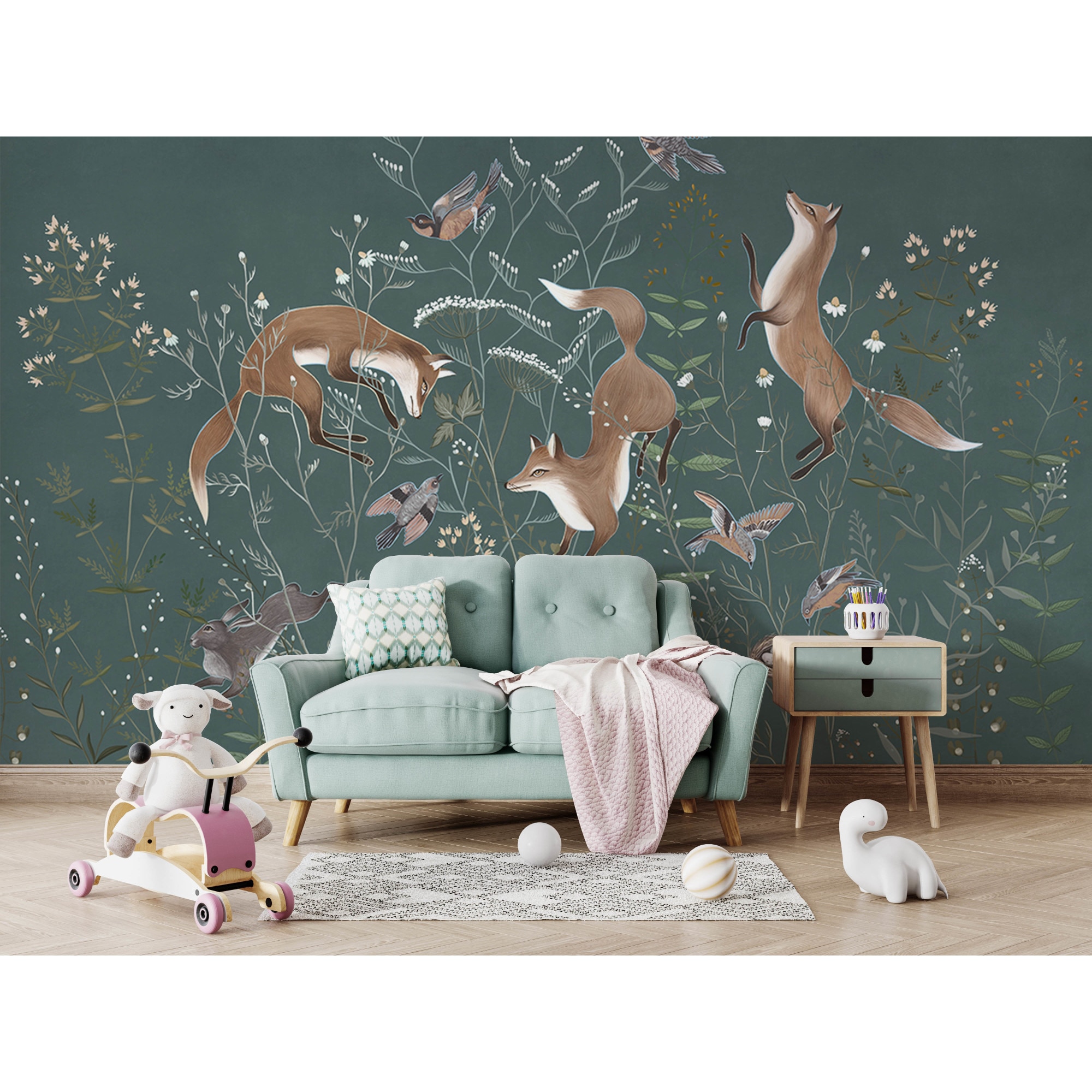 Fototapet cu Animale, Vulpi in frunzis cu pasari pe fundal verzui ...