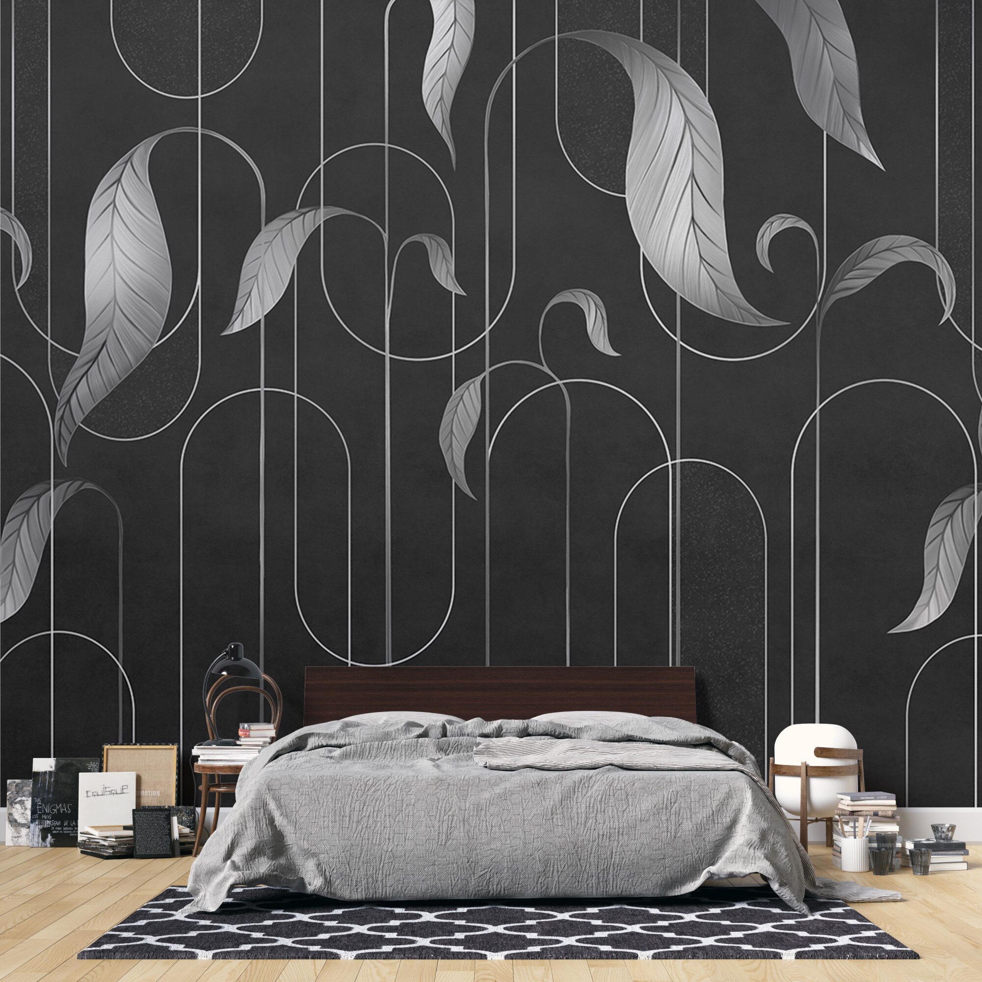Fototapet Abstract, Linii Elegante cu frunze Argintiu-Gri pe fundal ...