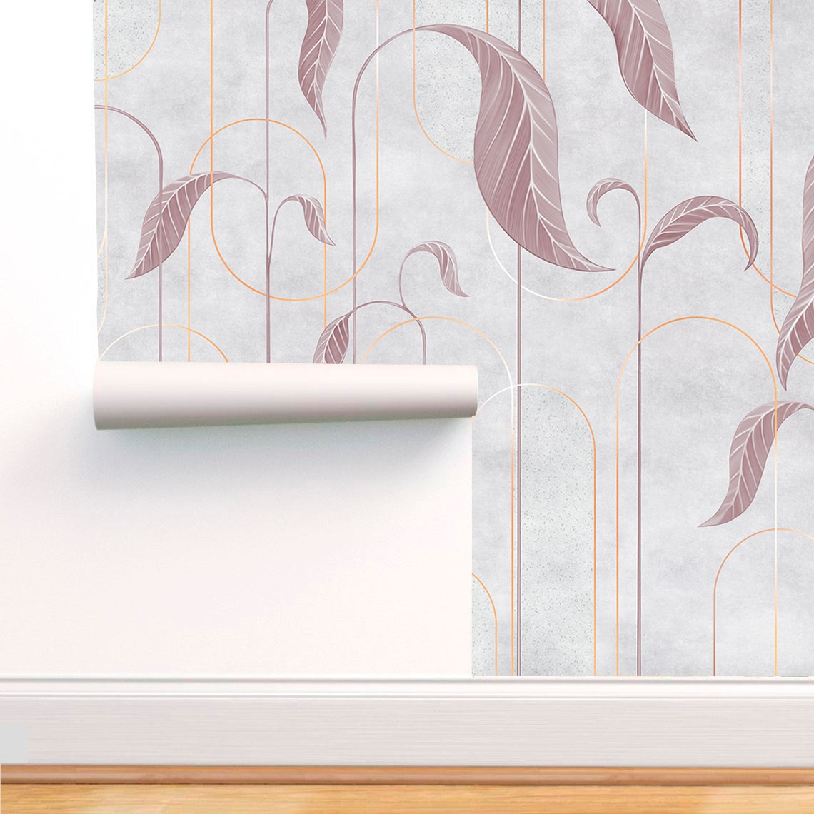 Fototapet Abstract, Linii Elegante cu frunze roz-gri pal, Design modern ...