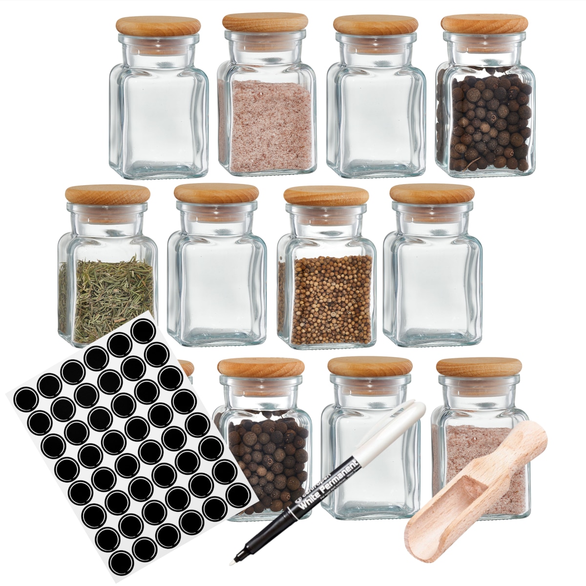 Set 12 Borcane de sticla pentru condimente, Emjot, Dop de Lemn, 7.4x5 ...