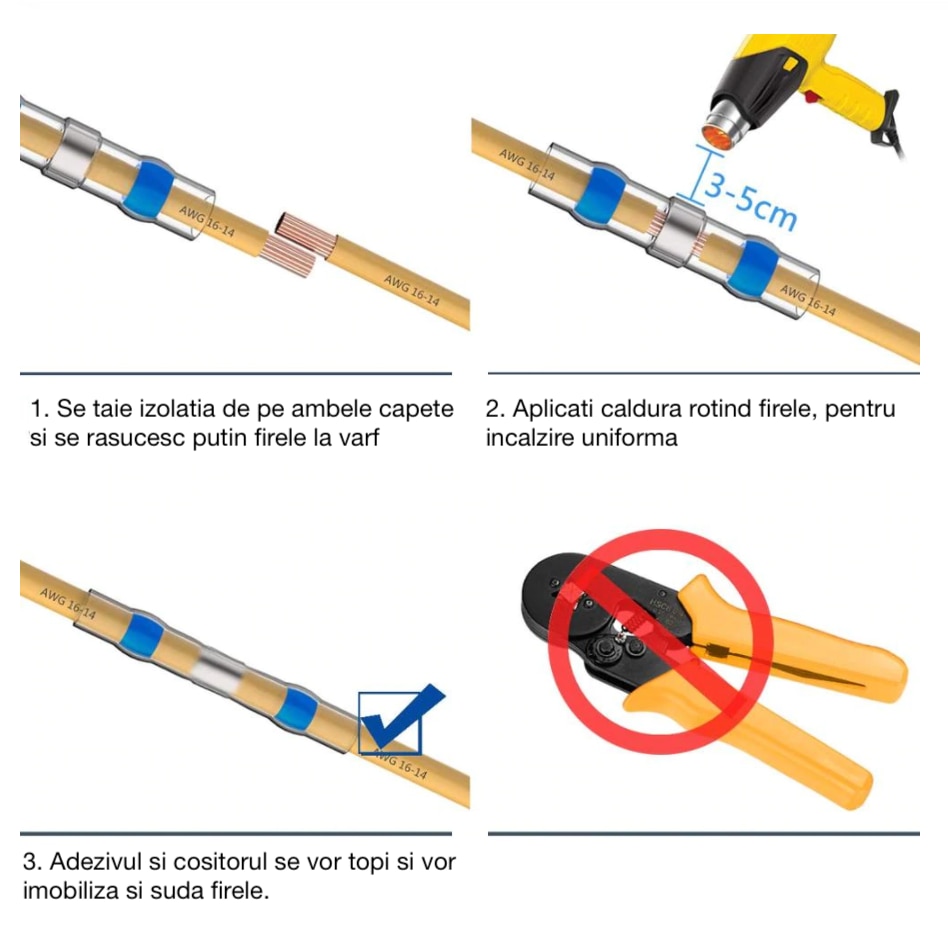 Set x100 Conectori Termocontractibili Impermeabili cu Cositorire Pt ...