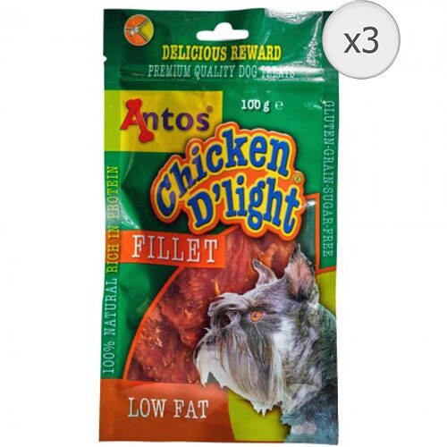 Награди за кучета Antos Chicken D'light Fillet, 3x100гр - eMAG.bg
