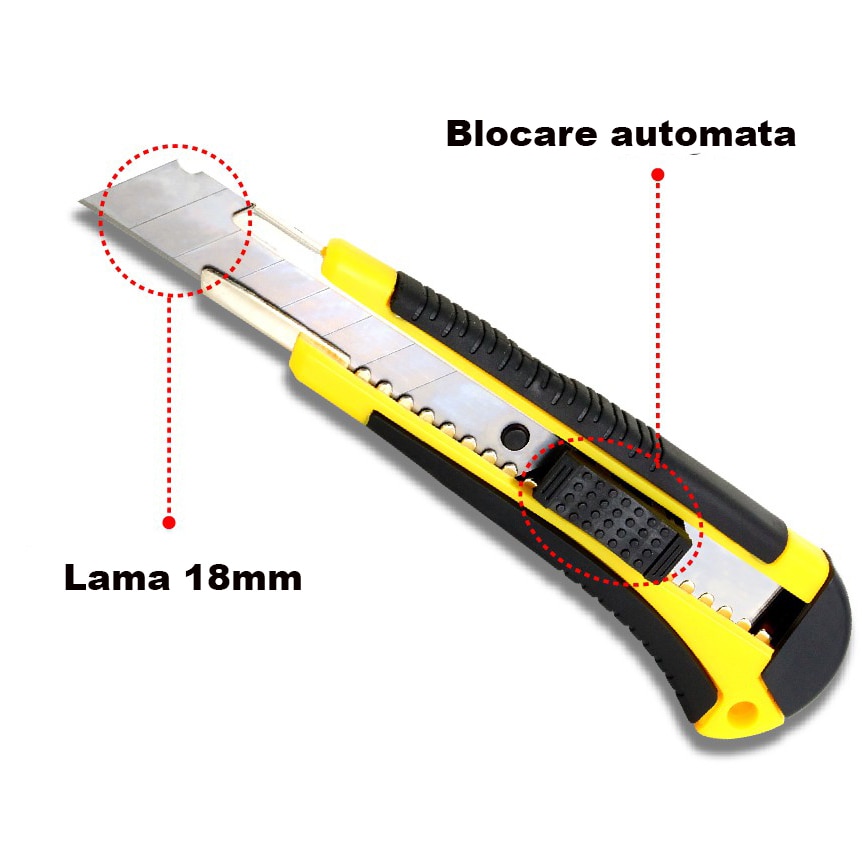 Cutter mare cu rama metalica si lama 18mm, 3 lame de rezerva, negru cu ...