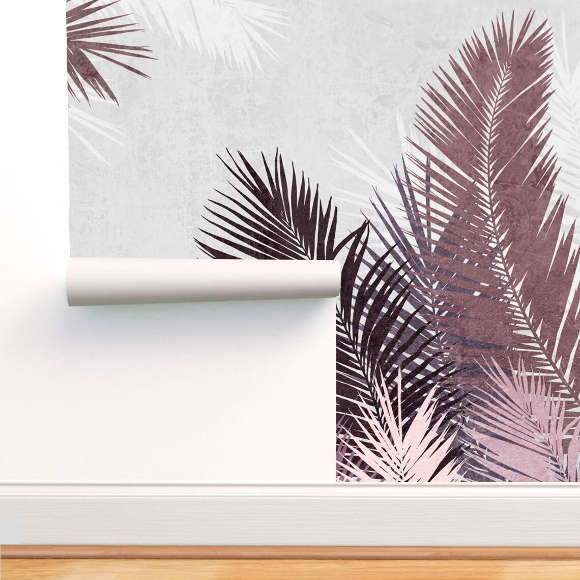 Fototapet Exotic, Frunze de palmier nuante Roz- Mov pe fundal Gri ...