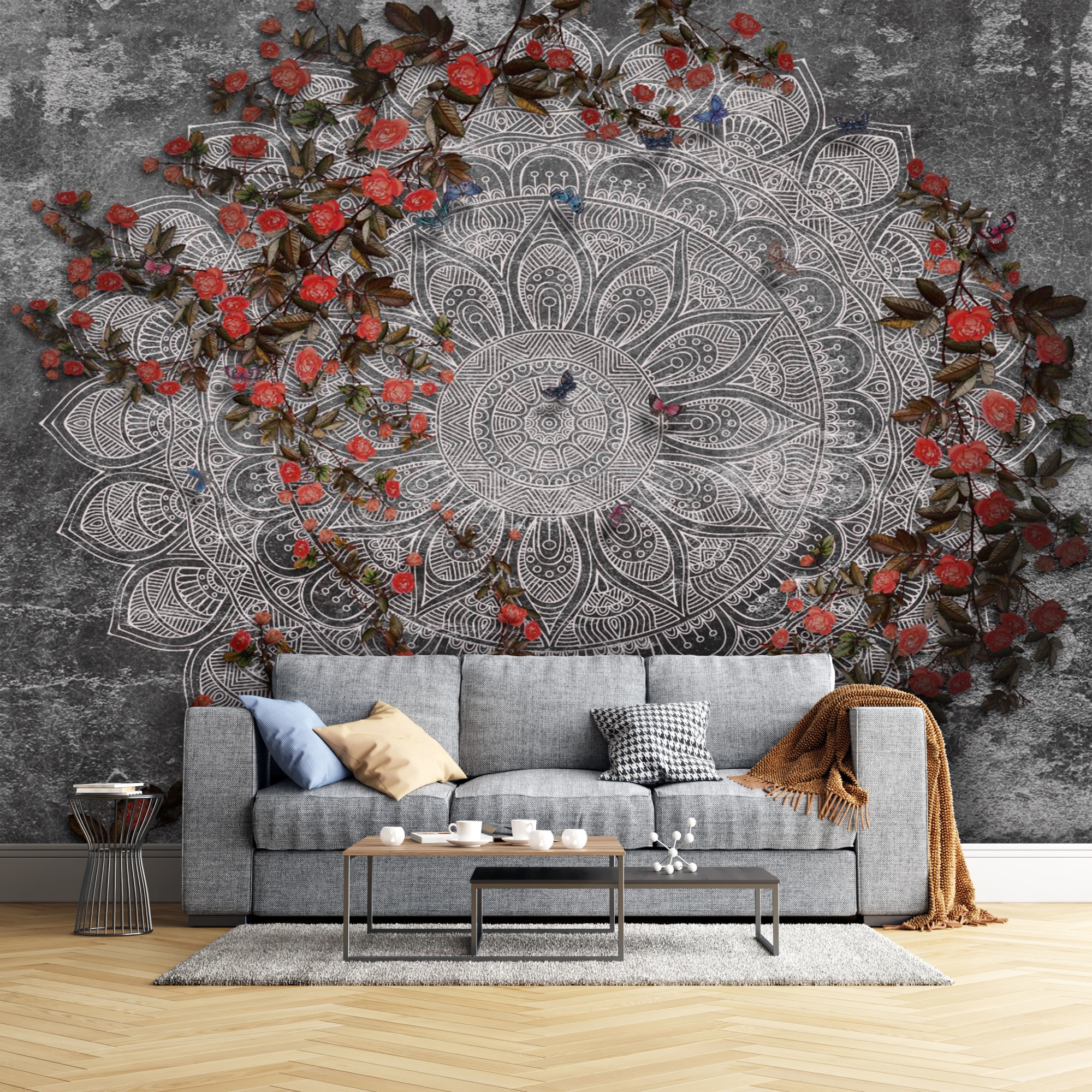 Fototapet Floral, Flori si Fluturasi rosii, Floare Mandala pe fundal ...