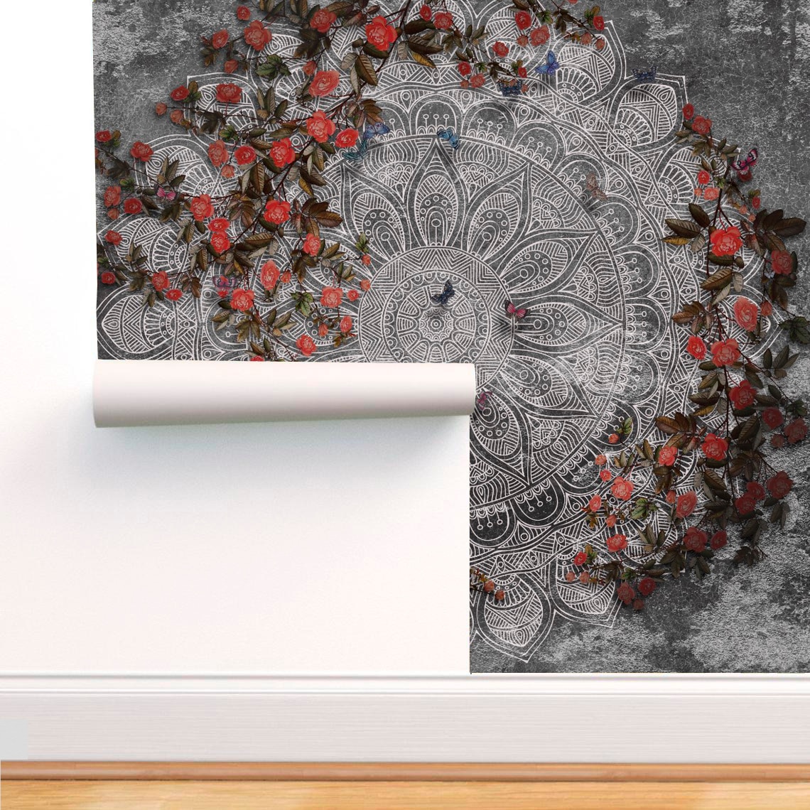 Fototapet Floral, Flori si Fluturasi rosii, Floare Mandala pe fundal ...