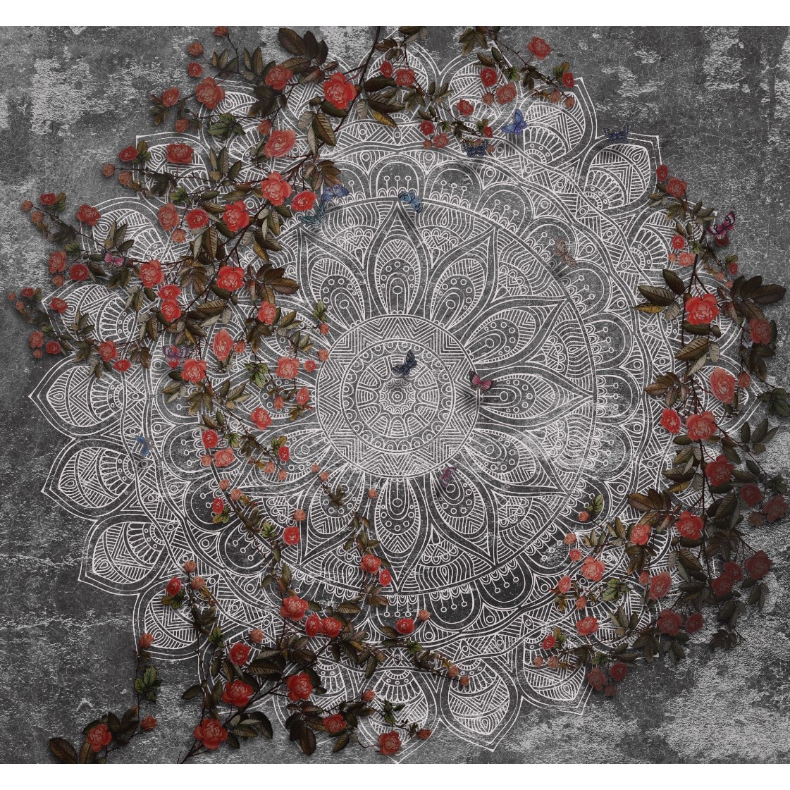 Fototapet Floral, Flori si Fluturasi rosii, Floare Mandala pe fundal ...