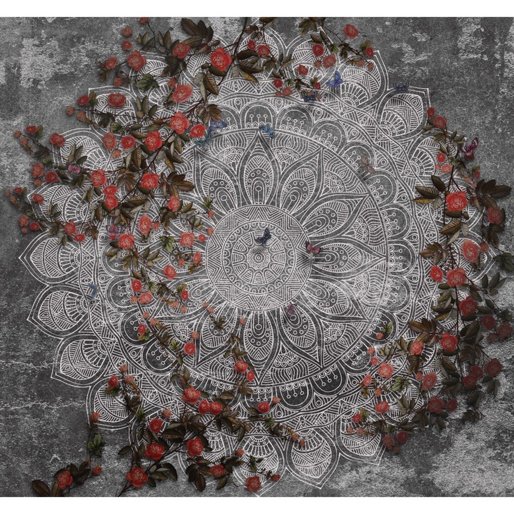 Fototapet Floral, Flori si Fluturasi rosii, Floare Mandala pe fundal ...