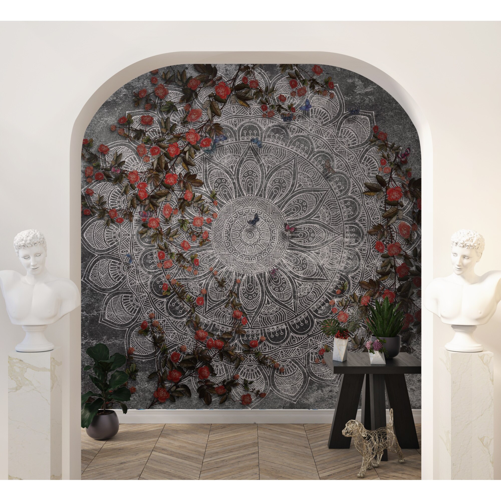 Fototapet Floral, Flori si Fluturasi rosii, Floare Mandala pe fundal ...