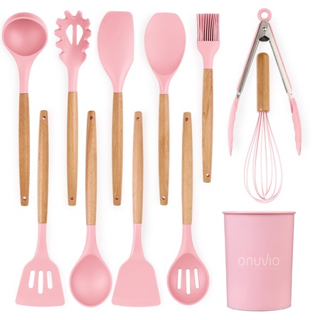 Set ustensile bucatarie 12 piese Lemn si Silicon alimentar ...