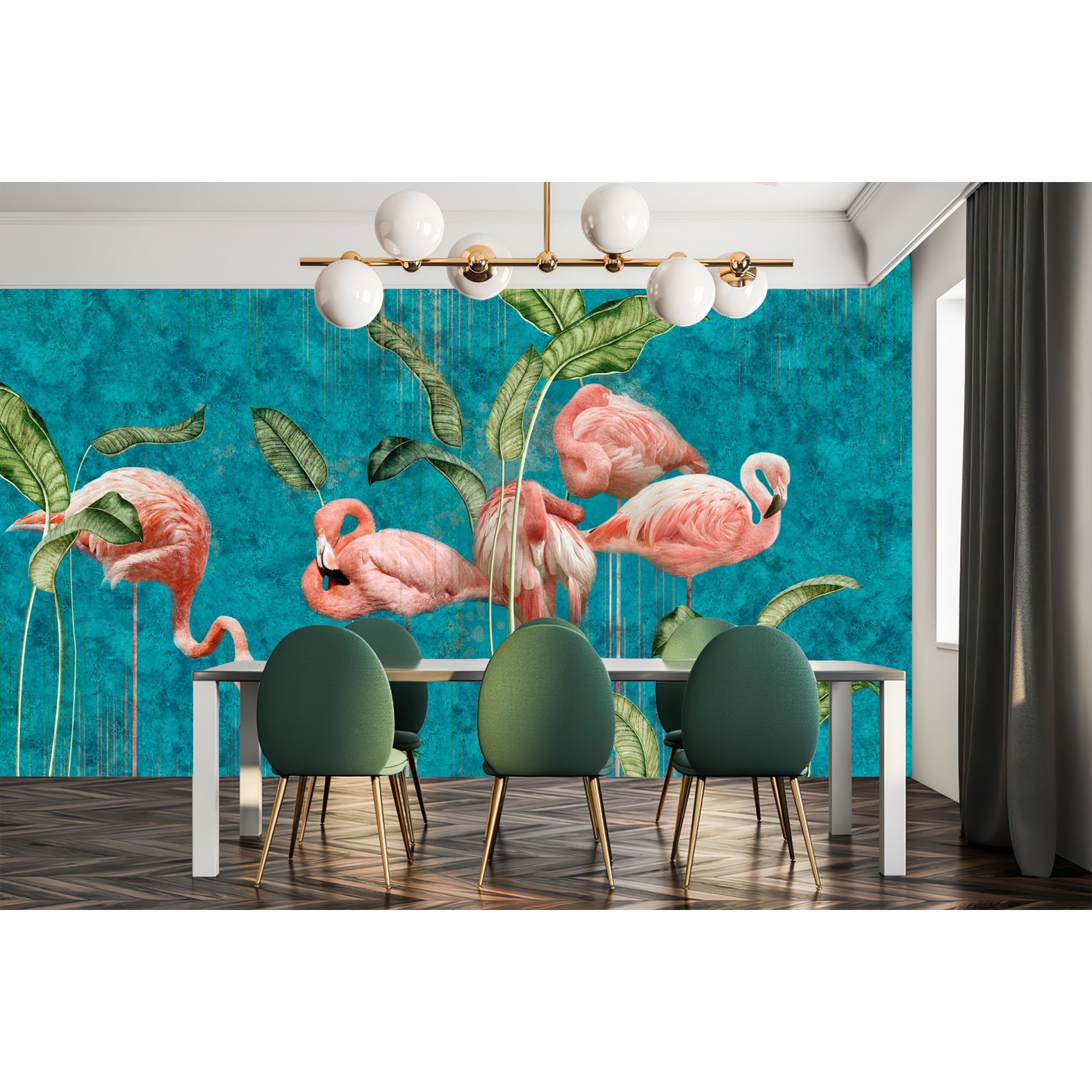 Fototapet Tropical, Flamingo Roz si Frunze exotice pe fundal turquoise ...