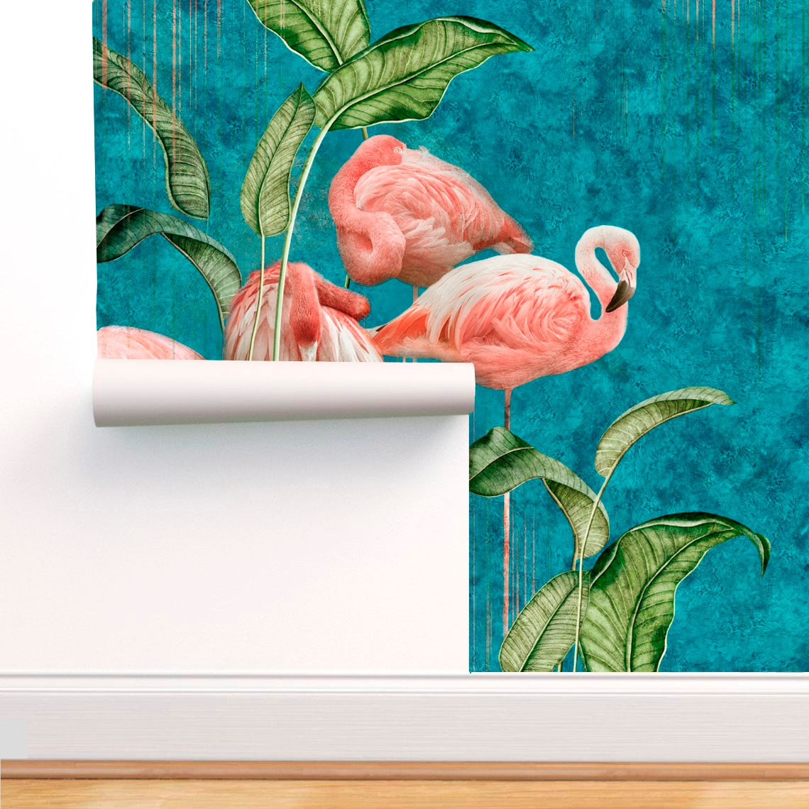 Fototapet Tropical, Flamingo Roz si Frunze exotice pe fundal turquoise ...