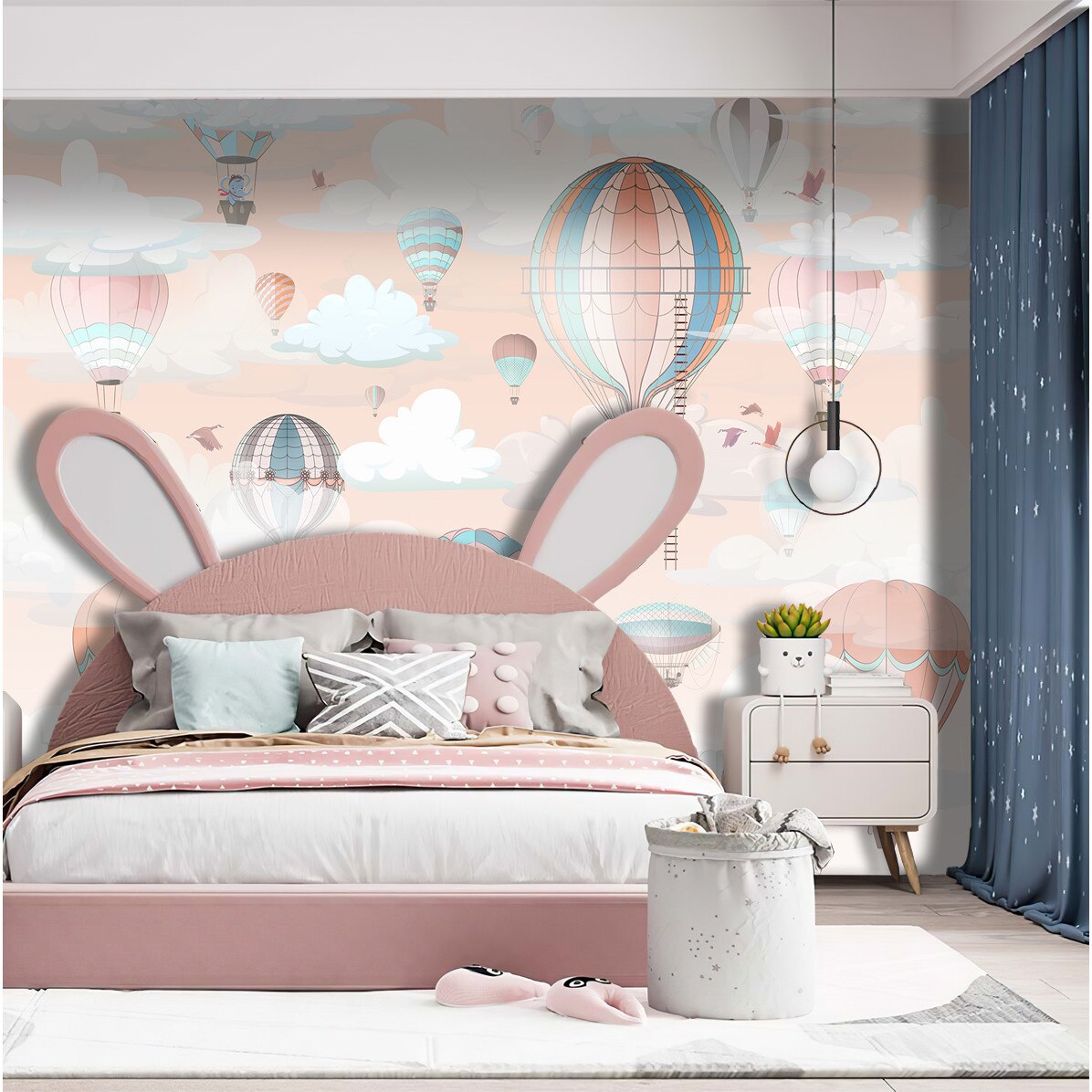 Fototapet pentru camera copiilor, Baloane cu aer cald in cerul roz, Eco ...