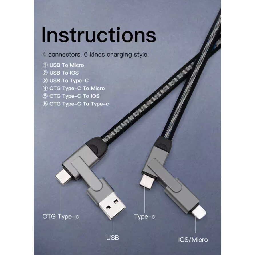 Кабел за данни и бързо зареждане, 6 в 1, 3A Fast Charge, 1m, USB-Type C ...