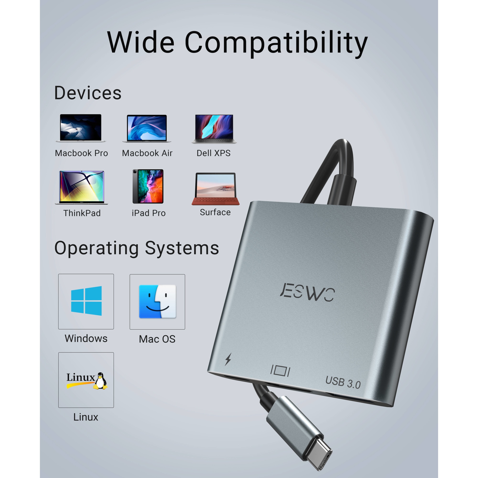 JESWO 3 az 1-ben Adapter Hub, USB-C HDMI 4K, USB 3.0, 100 W tápellátó port, ezüst - eMAG.hu