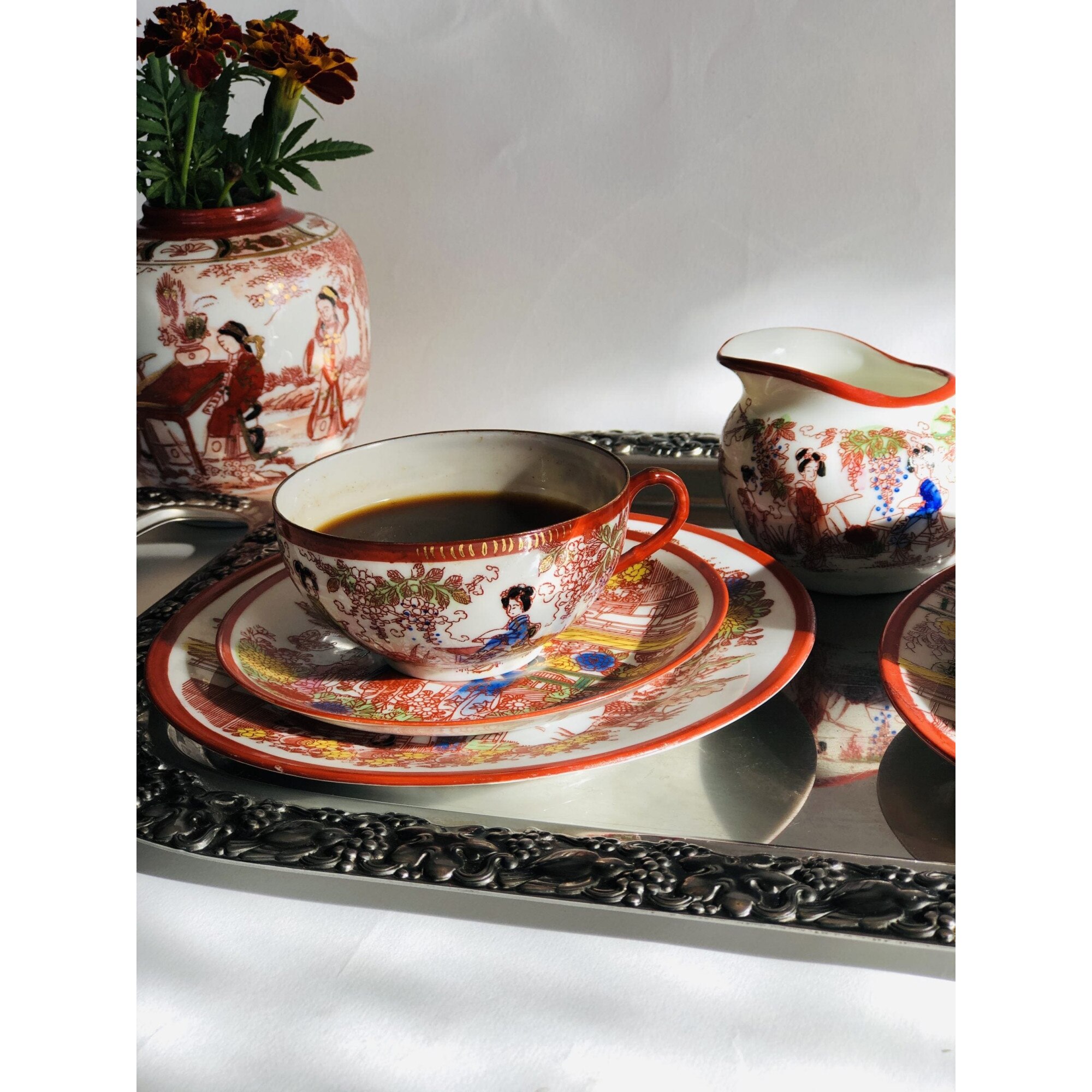 Set 3 piese pentru mic dejun, din portelan japonez, model geishe ...