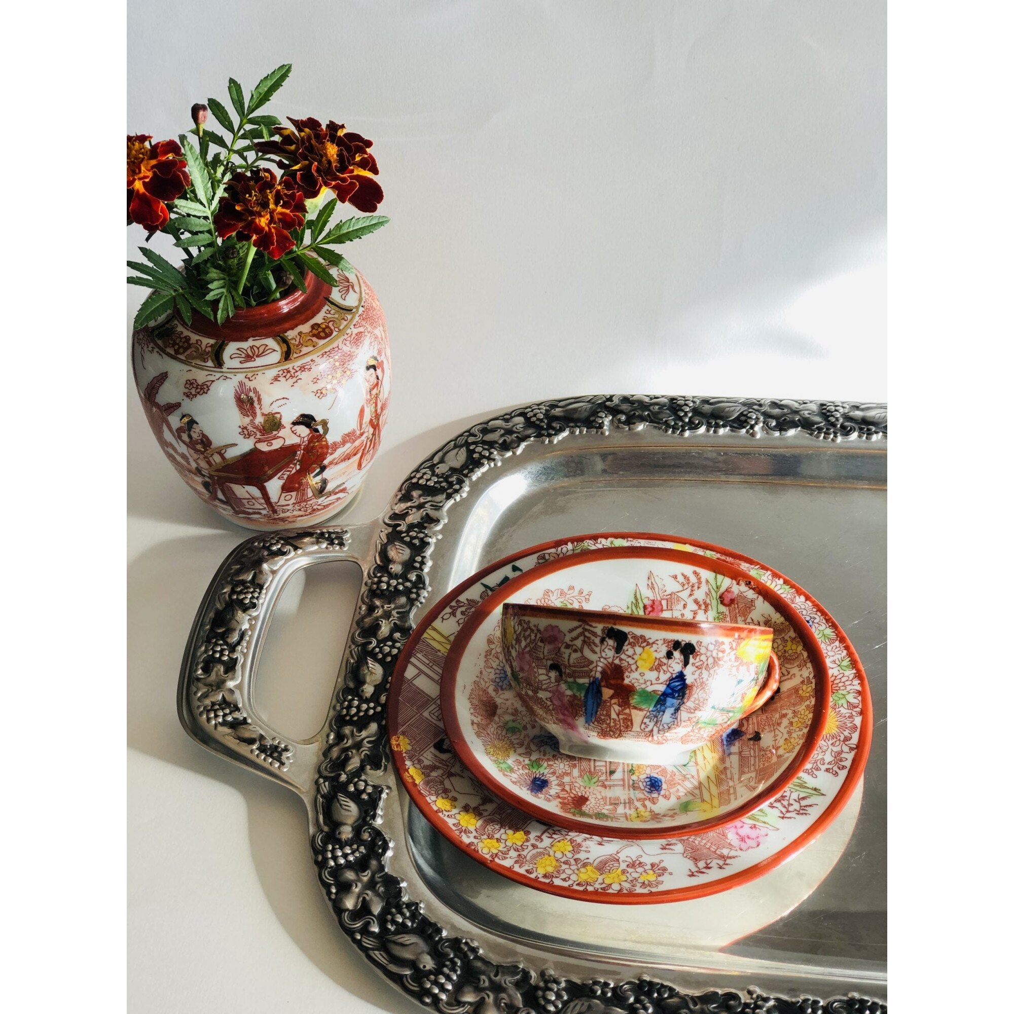 Set 3 piese pentru mic dejun, din portelan japonez, model geishe ...