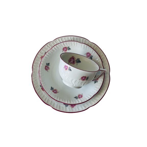 Set 3 piese mic dejun, din portelan, alb cu floricele roz, Bavaria ...