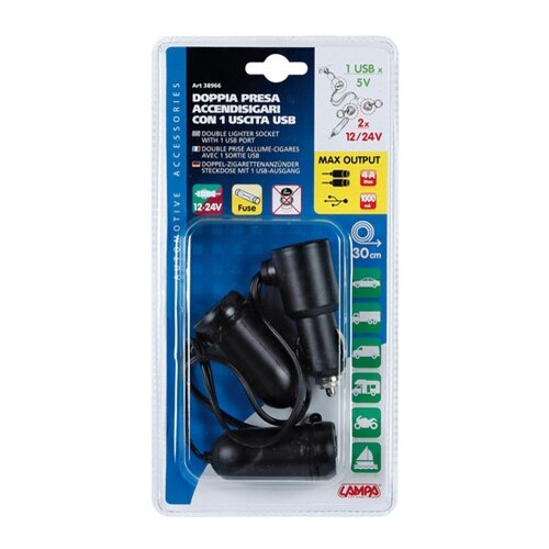 Adaptor auto bricheta dubla + capac, Lampa, 4A, 1 USB, Cablu 30 cm ...