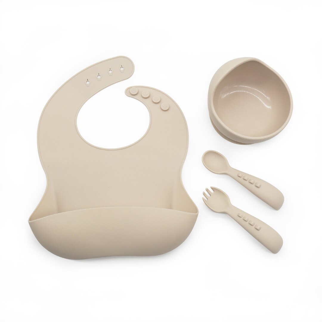 Set diversificare bebelusi din silicon format din 4 piese, Bpa Free, 1 bol cu ventuza, 1 baveta ...