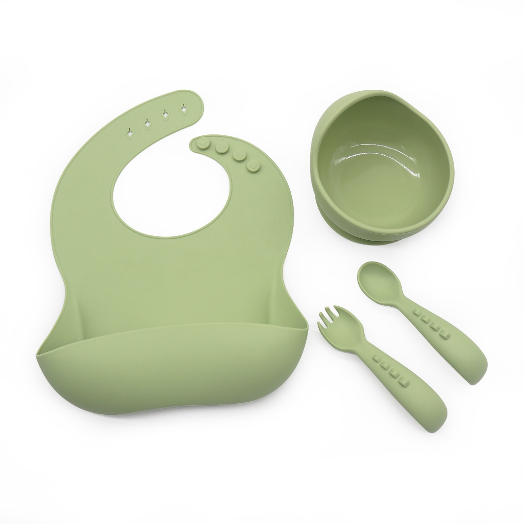 Set diversificare bebelusi din silicon format din 4 piese, Bpa Free, 1 bol cu ventuza, 1 baveta ...