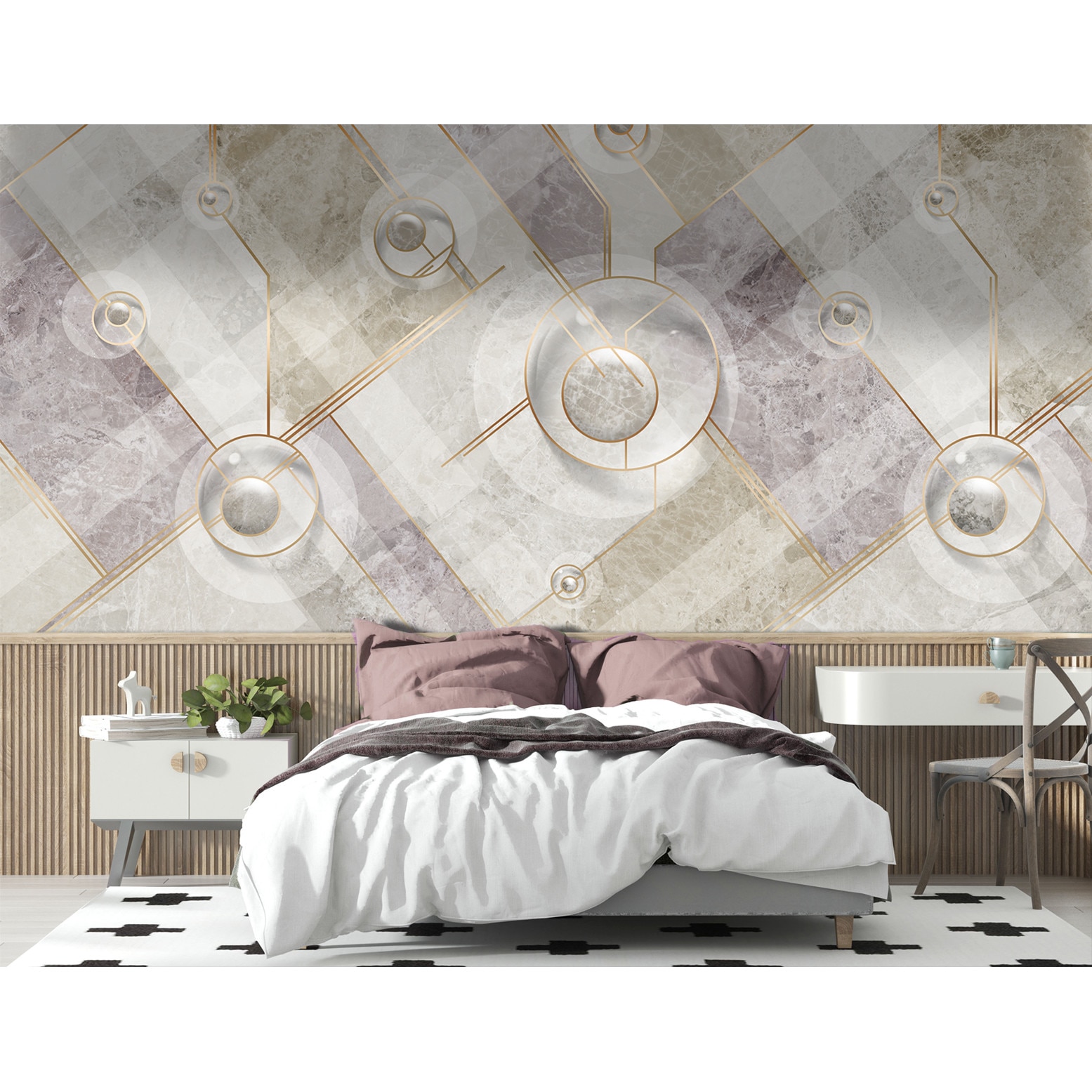 Fototapet Abstract, Cercuri geometrice cu elemente aurii pe fundal roz ...