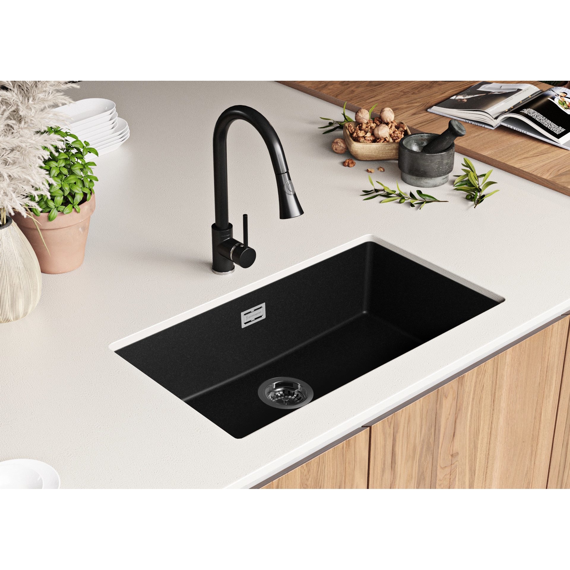 Chiuveta de Bucatarie Granit Sub Blat cu Baterie 5000 si Sifon Automat ...