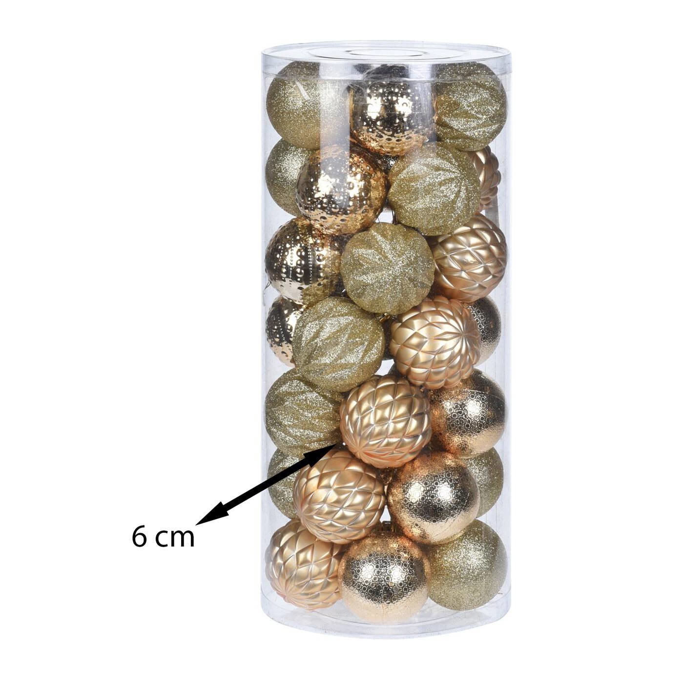 Комплект от 35 коледни топки, Елегантен дизайн, 6 см, Пластмаса, Злато ...