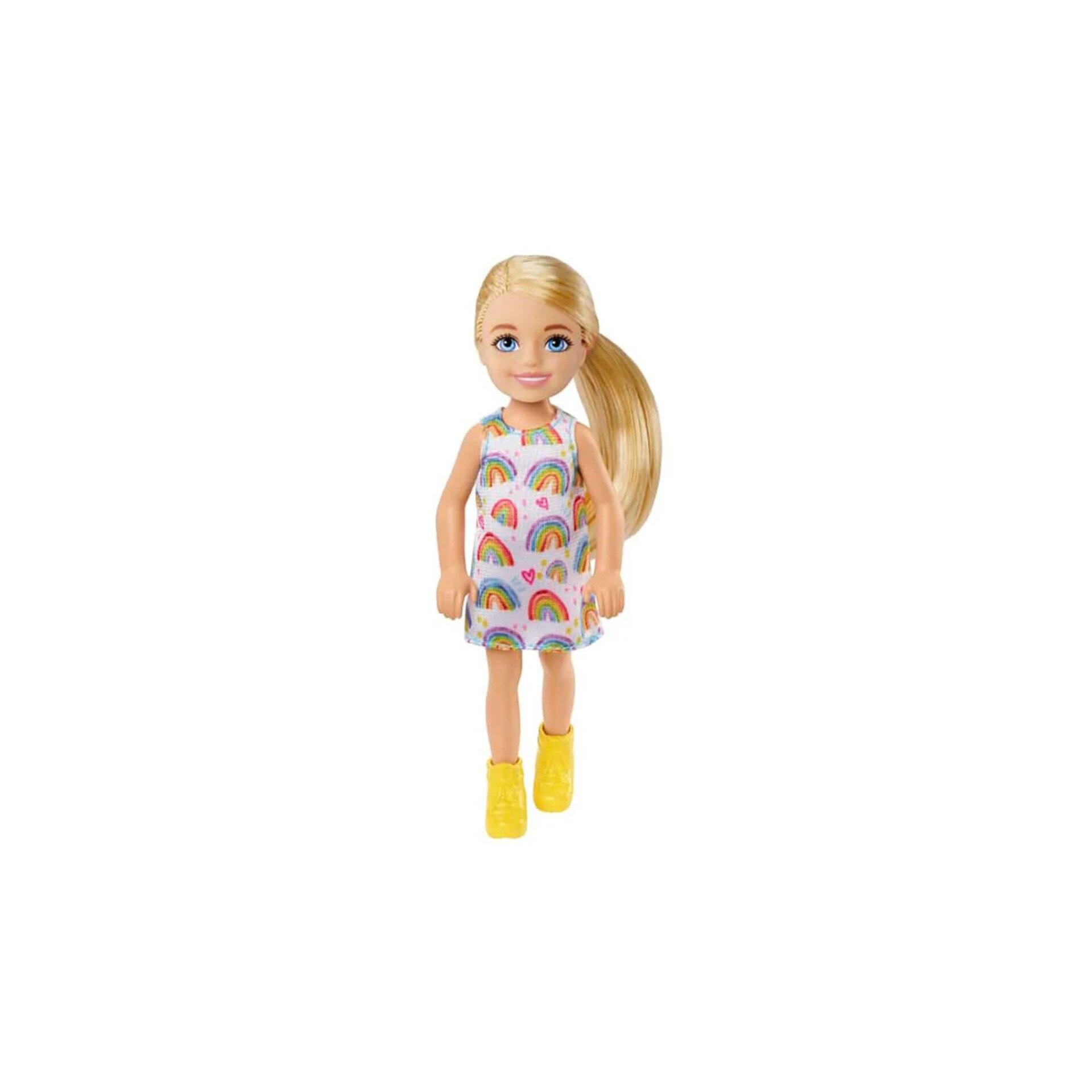 Papusa Barbie, Chelsea cu par blond si rochie cu curcubeu, 15 cm - eMAG.ro