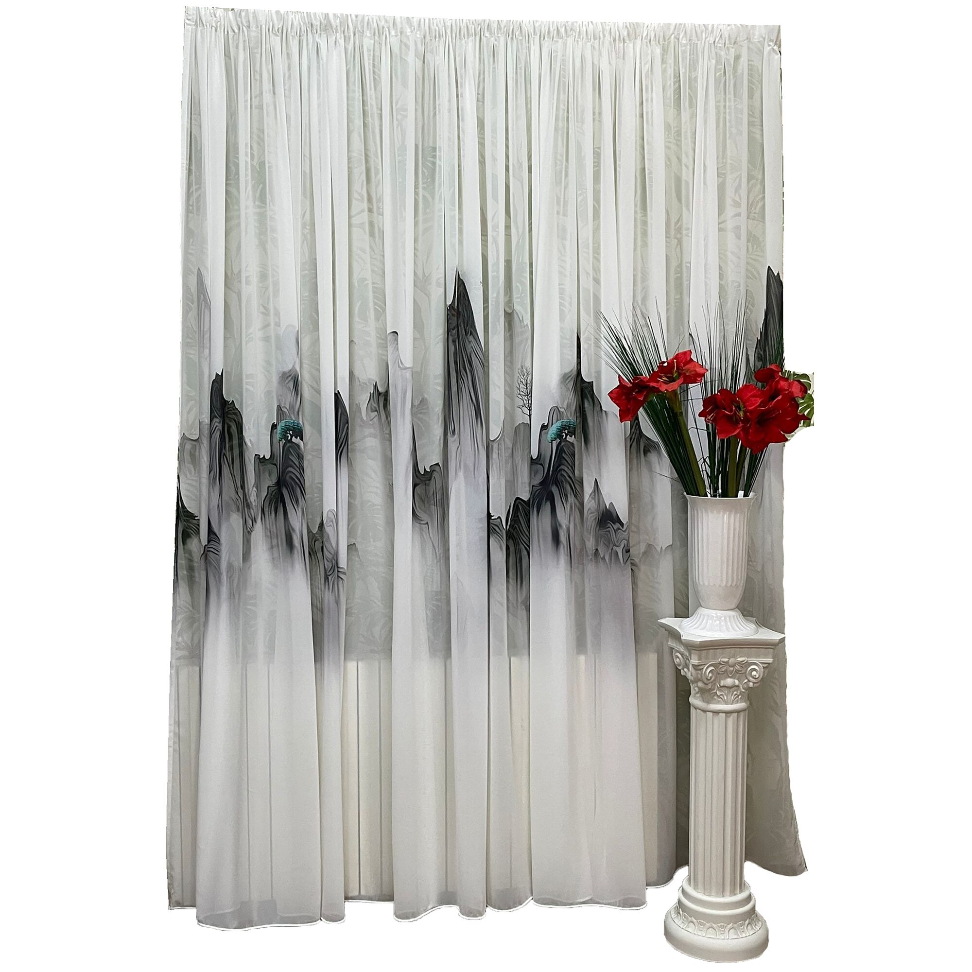 Perdea voal matase culoare alb/gri, 400x245cm colectia "Chinoiserie ...