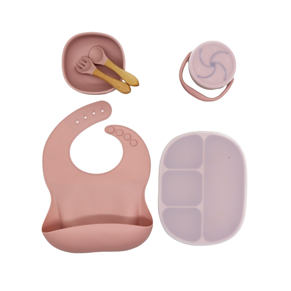 Set hranire bebe din silicon, 1 baveta, 1 farfurie compartimentata, 1 bol, lingurita si ...