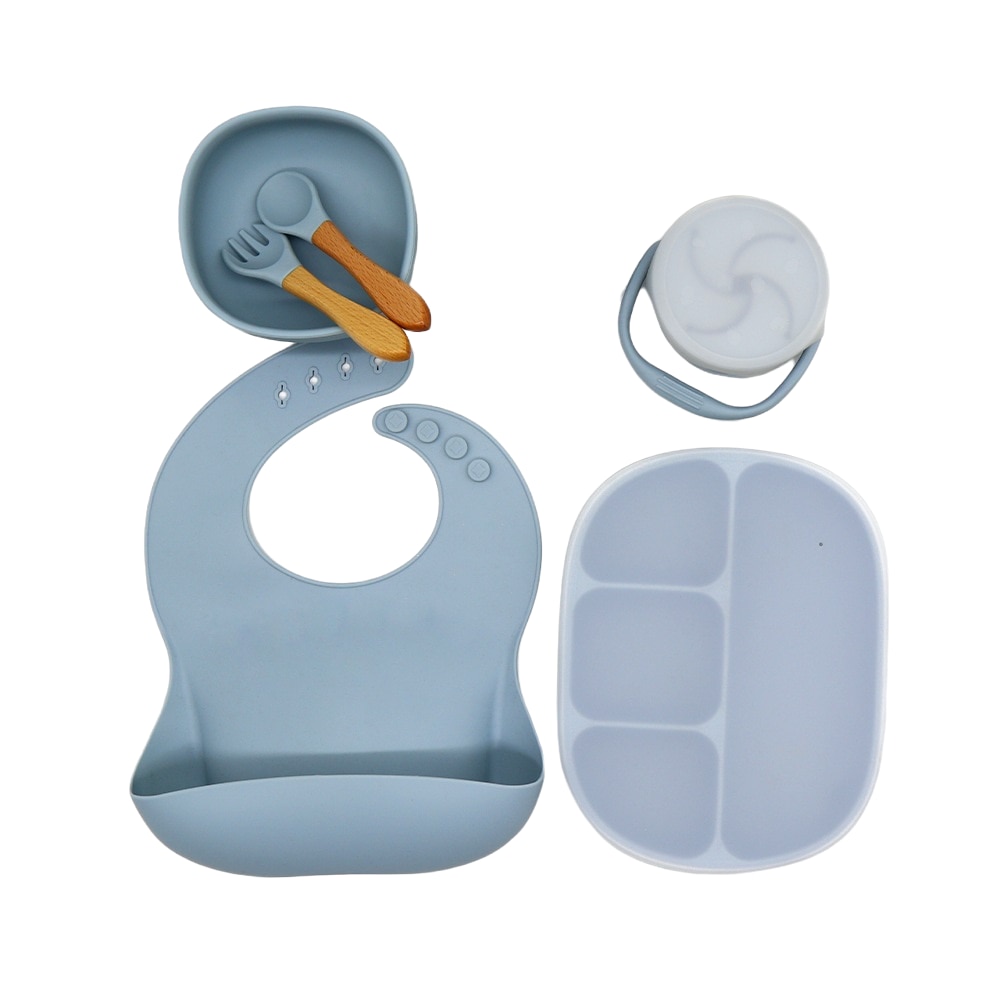 Set hranire bebe din silicon, 1 baveta, 1 farfurie compartimentata, 1 bol, lingurita si ...