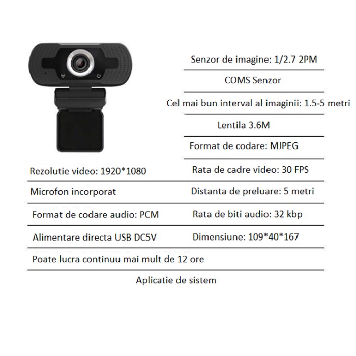 Camera web 1080P USB, video live HD, cu microfon incorporat - eMAG.ro