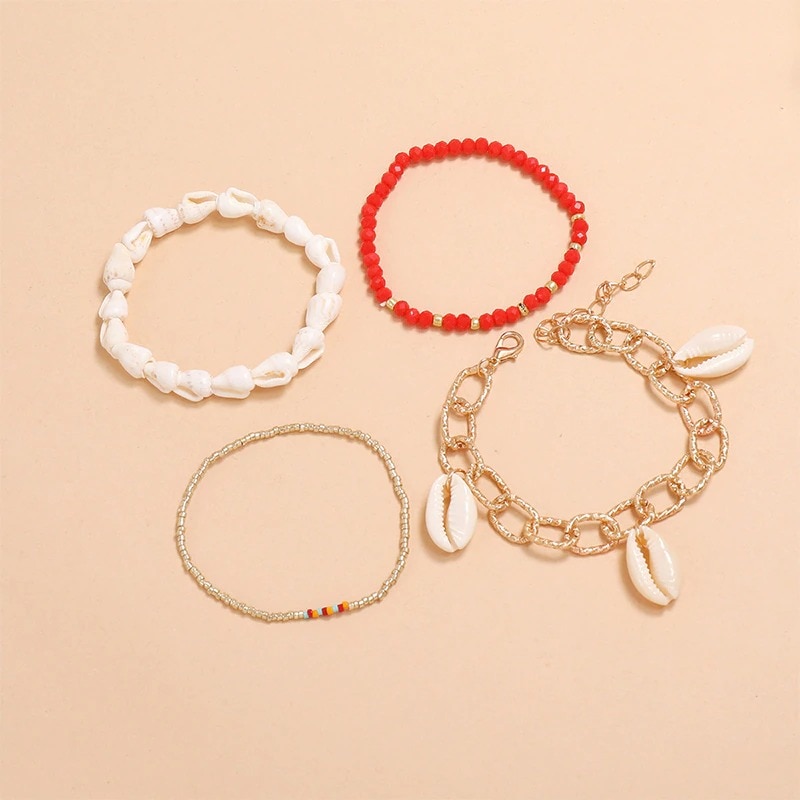 Set 4 bratari aurii, cu scoici si margelute rosii, Nuria C8, Pursehuit ...