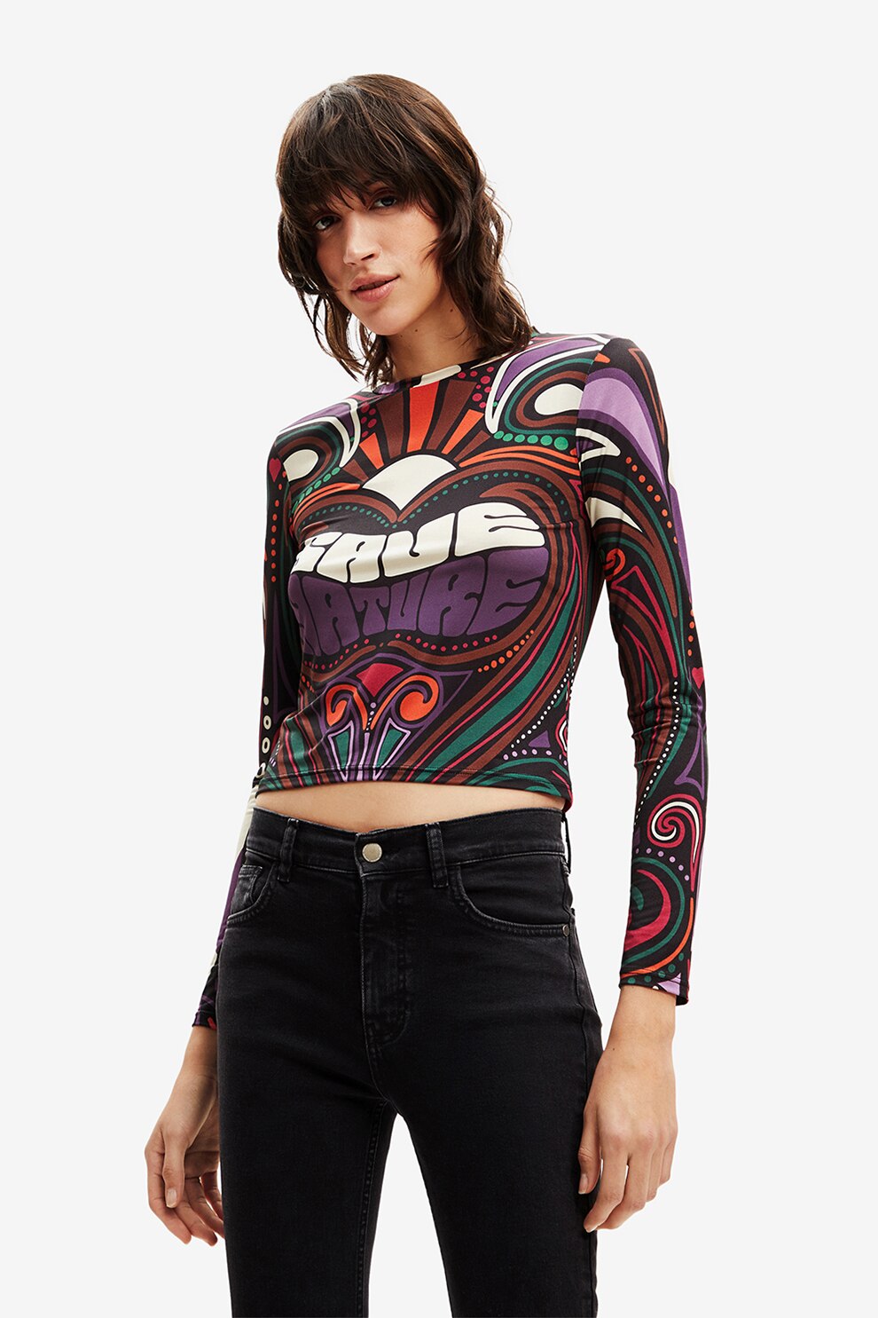 DESIGUAL, Bluza crop slim fit, Multicolor, M - eMAG.ro