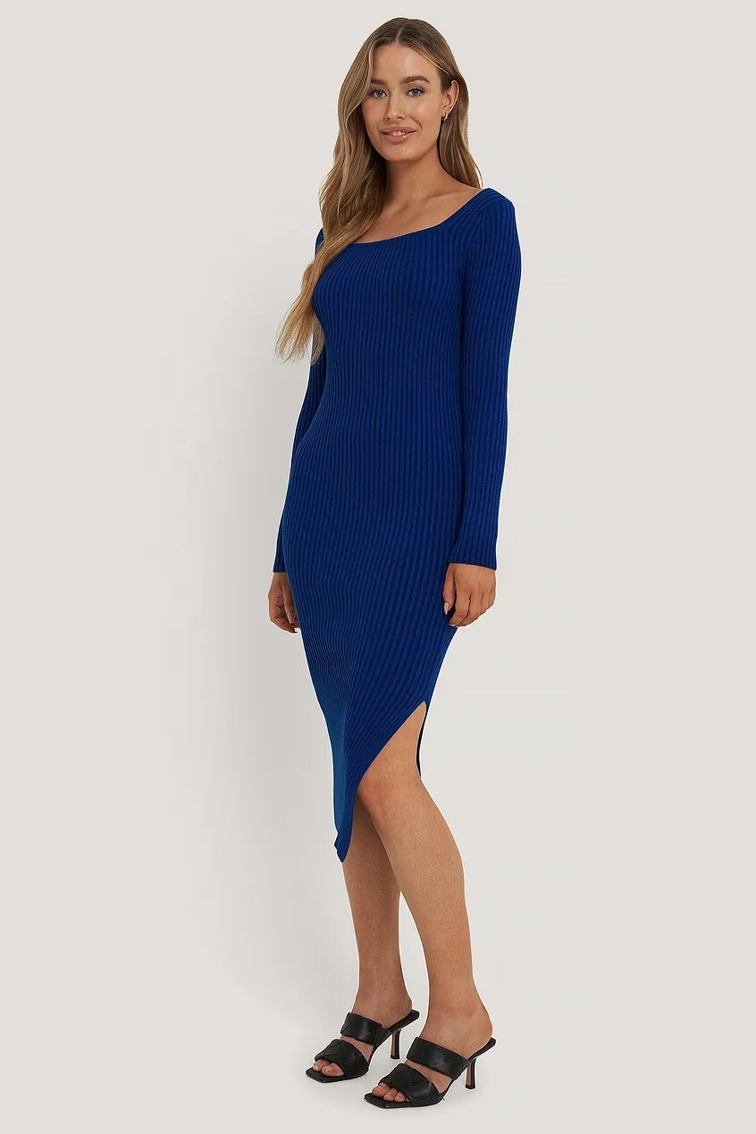 Rochie Square Neck Side Slit Midi, albastru, 40 - eMAG.ro